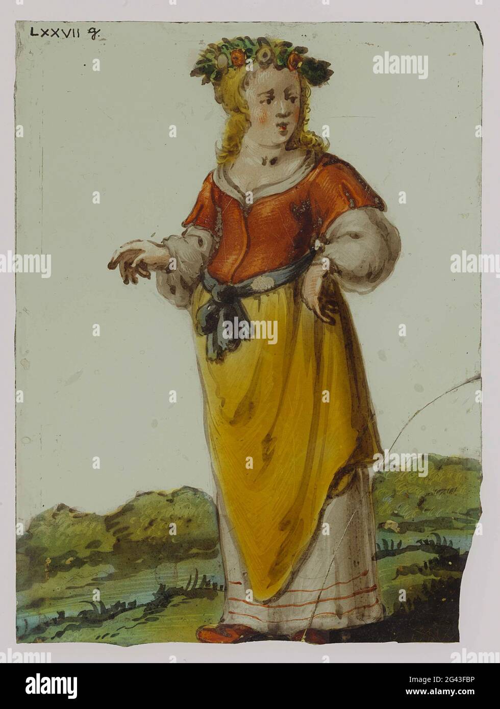 Rhombus with young woman with floral wreath on the head. A diamond with ...