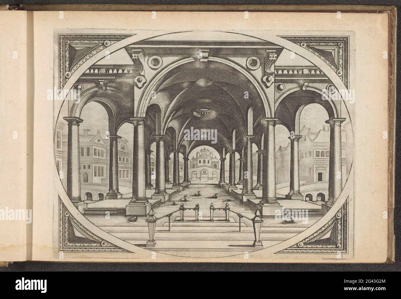Open colonnade with columns and cross-sealing above a pond; Oval ...