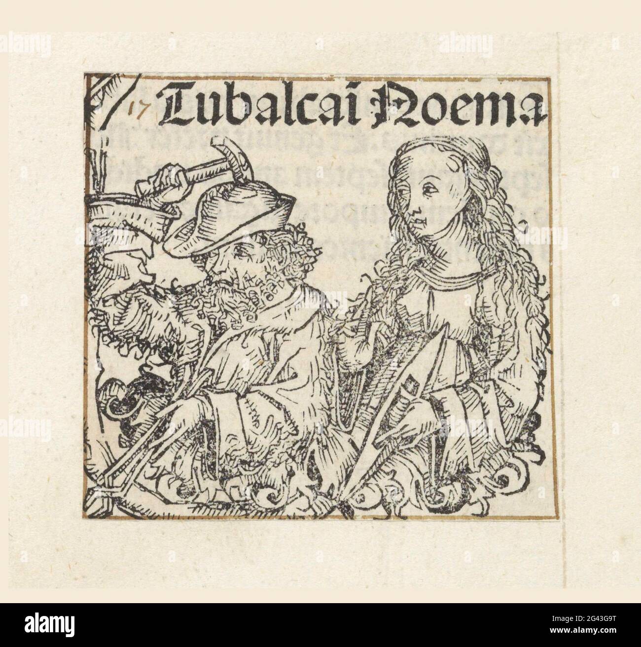 Tubal-Cain and his sister Naama; Tubalcai / noema; Liber chronicarum. A ...