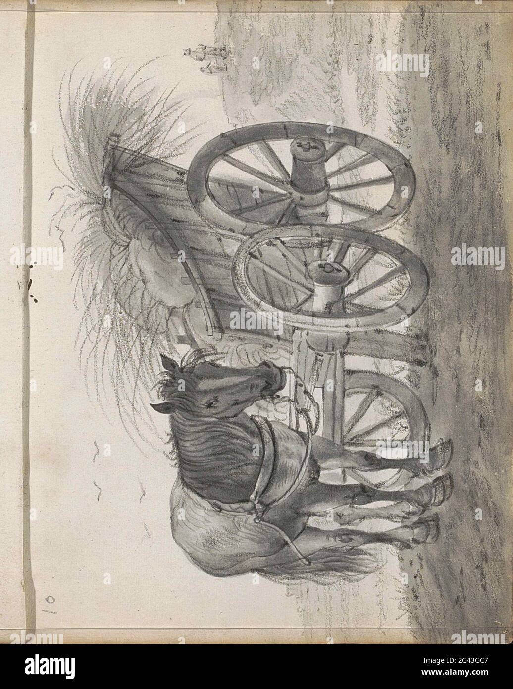For a hay-tense horse. In the background two figures, probably a man ...