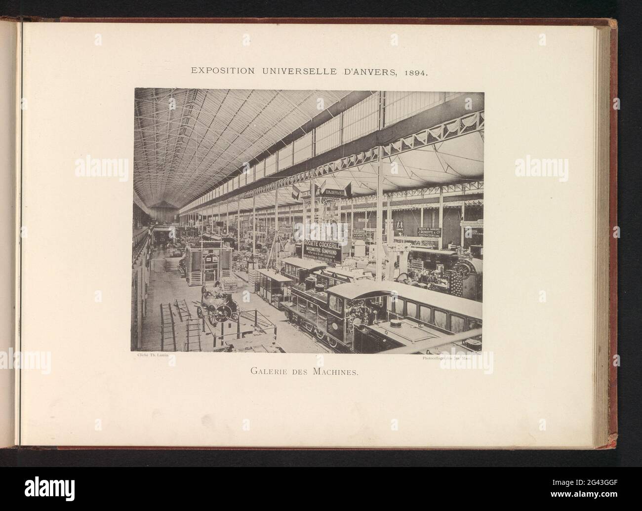 Interior of the machine hall during the world exhibition in Antwerp ...