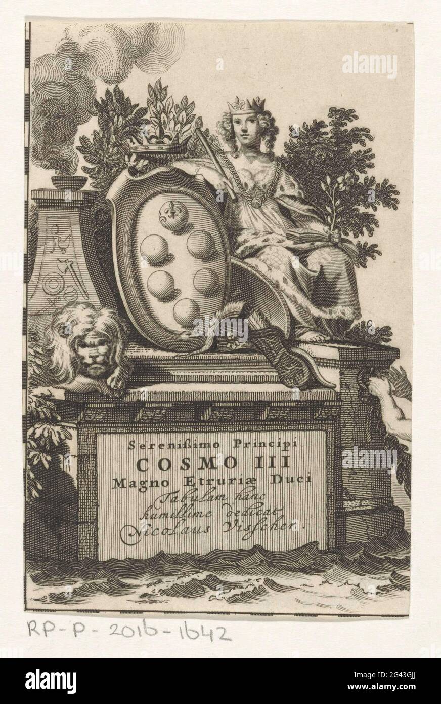 Allegorical women's figure and lion flanking weapon of medici ...