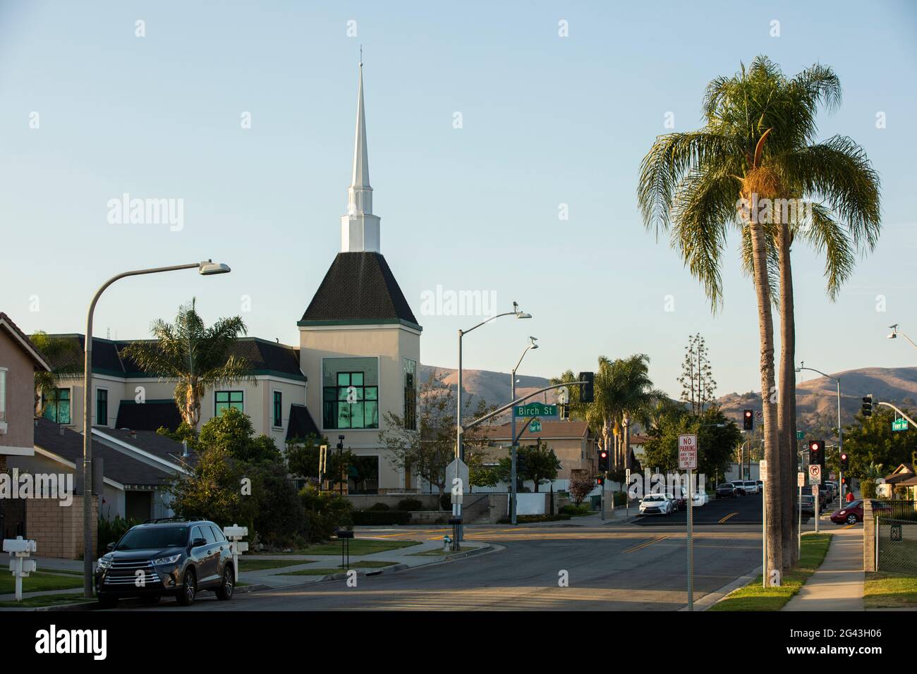 Twilight view of the downtown skyline of Brea, California, USA Stock ...