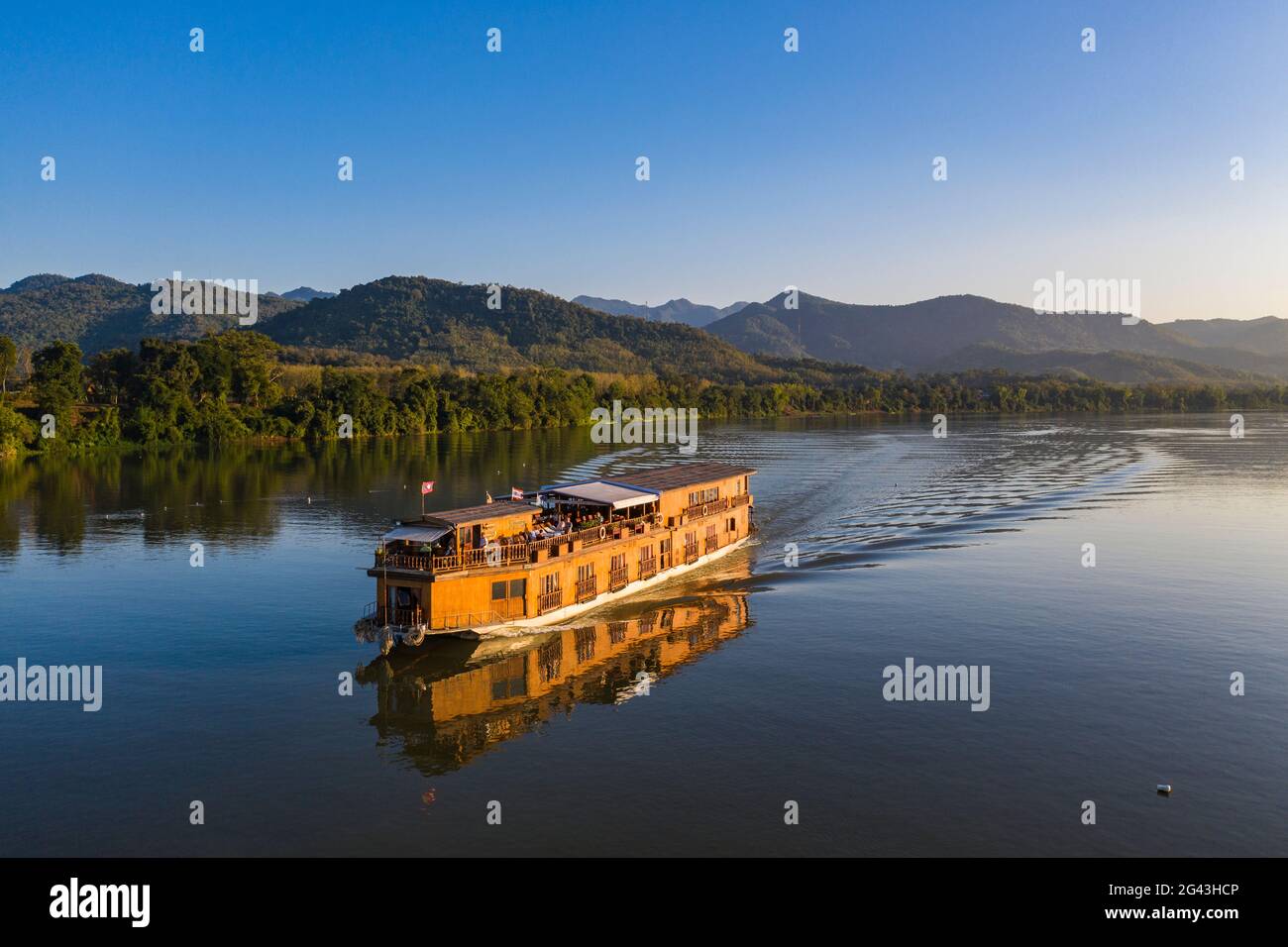 Aerial view of river cruise ship Mekong Sun on river Mekong with ...