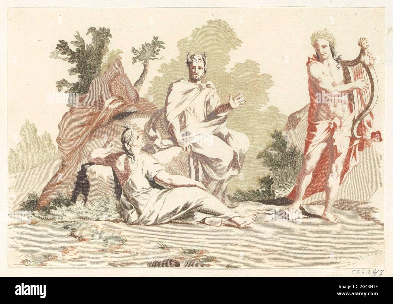 Judgment of Midas. Midas with donkey ears is next to a man and a woman ...