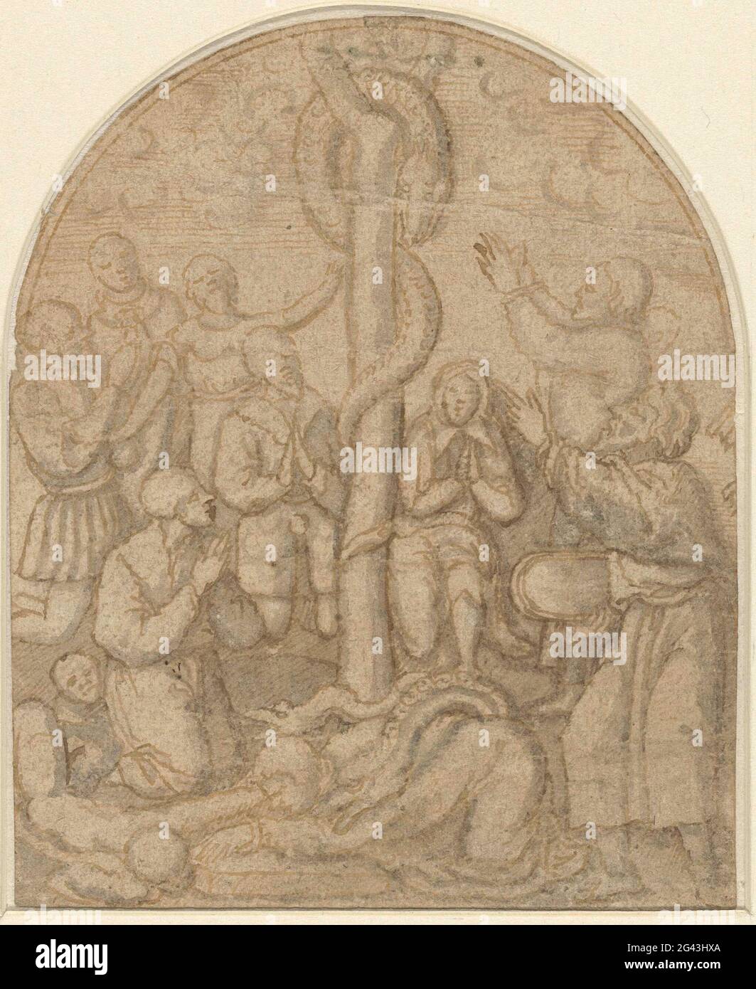 Adoration of the copper snake. Worship of the copper hose; right Moses ...