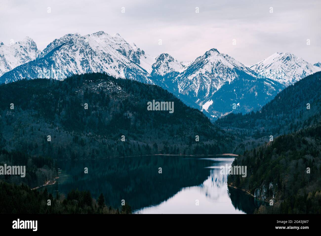 Snow-covered mountains over Alpsee is a lake in Ostallgau district of ...