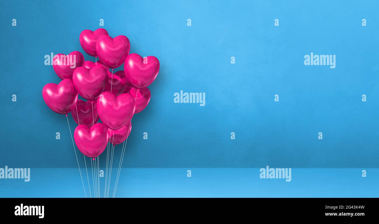 Pink heart shape balloons bunch on a blue wall background. Horizontal ...