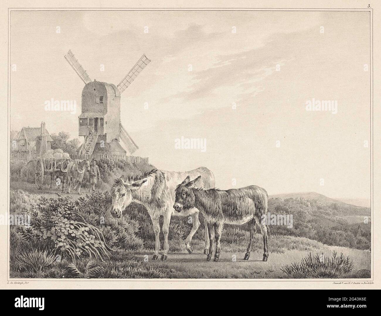 Two donkeys in a landscape at a mill; Six stone drawings by L. de ...