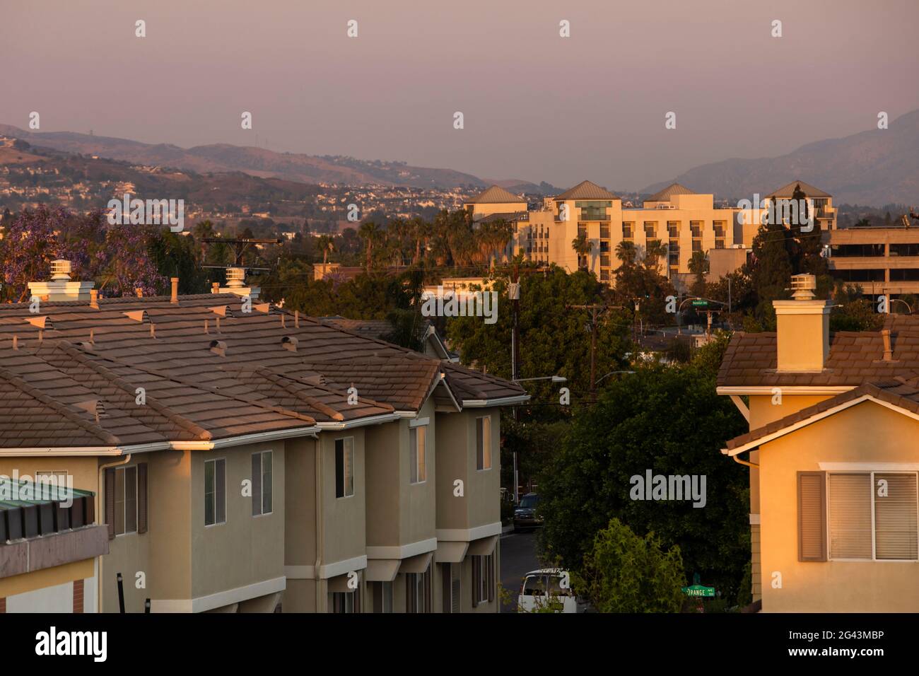Twilight view of the downtown skyline of Brea, California, USA Stock ...