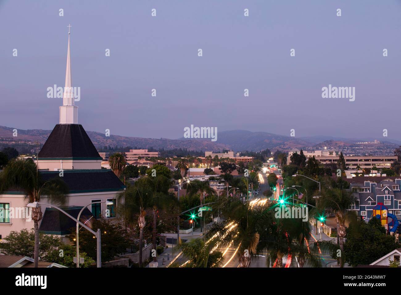 Twilight view of the downtown skyline of Brea, California, USA Stock ...