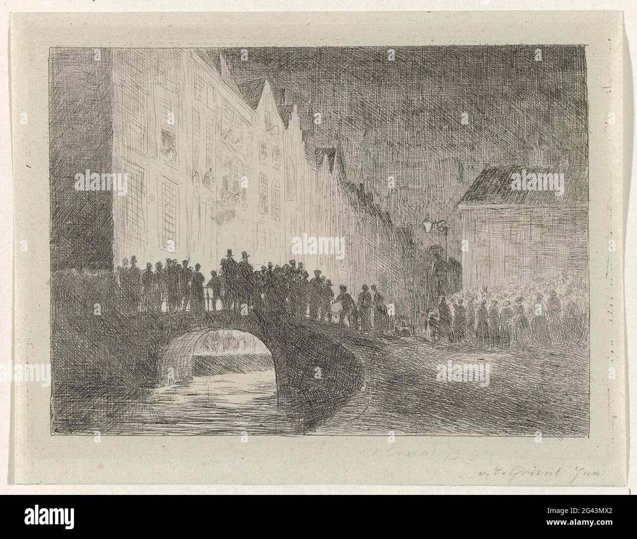 Brand in Delft, 1847. Spectators standing on a bridge looking at a fire ...