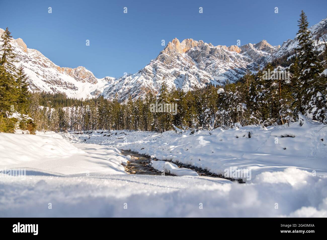 Sunny winter landscape in the alps: Mountain range, river, snowy trees ...