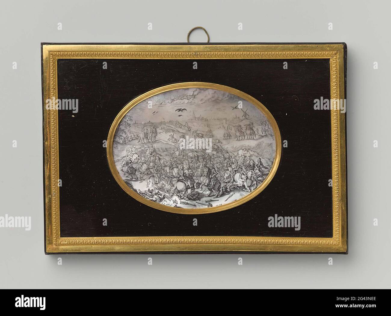 Engraving on mother-of-pearl showing the ride duel between Burggraaf de ...