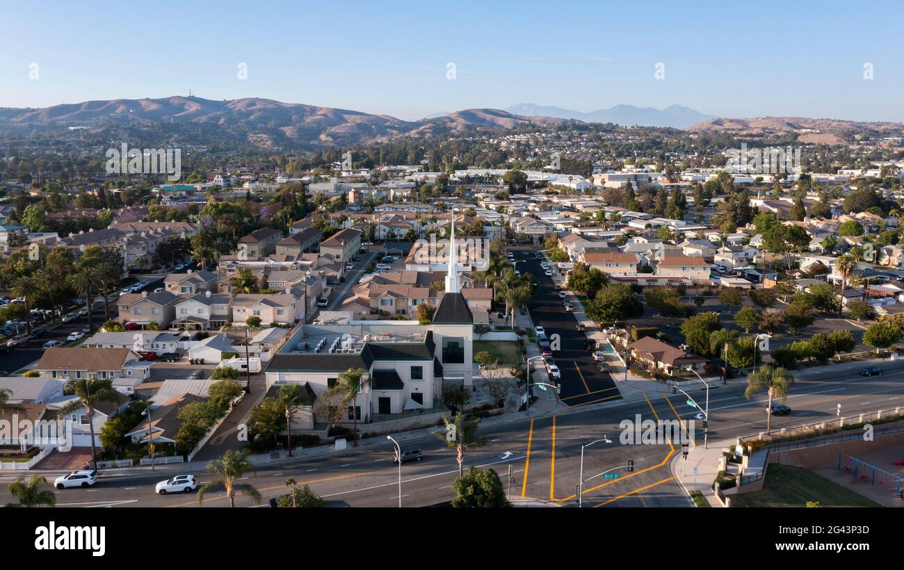 Sunset aerial view of the downtown urban core of Brea, California, USA ...