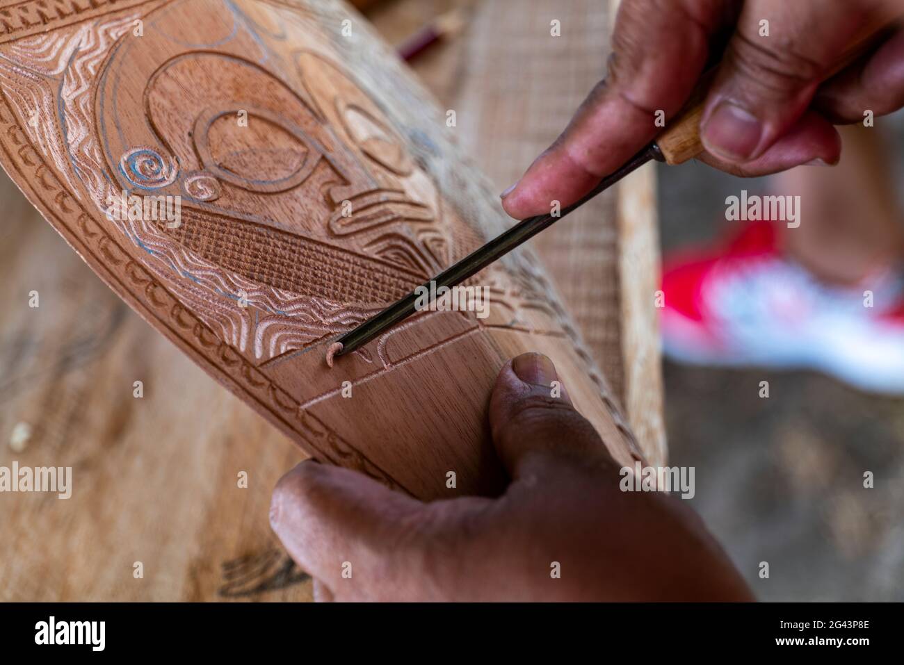 Wood carving in the Te Tumu Cultural Center, Tekoapa, Ua Huka ...