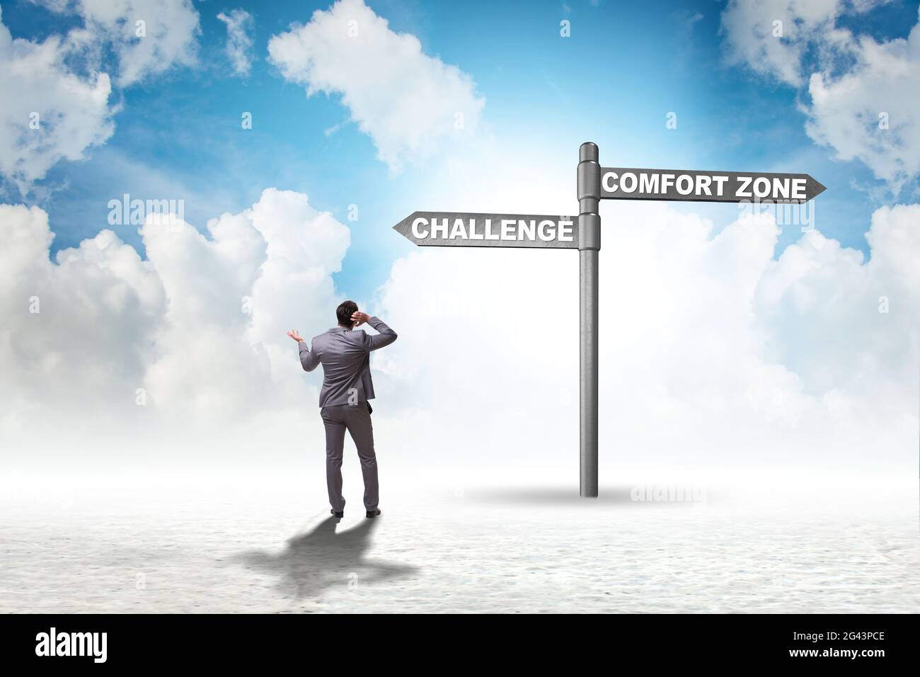 Businessman choosing between leaving comfort zone or not Stock Photo ...