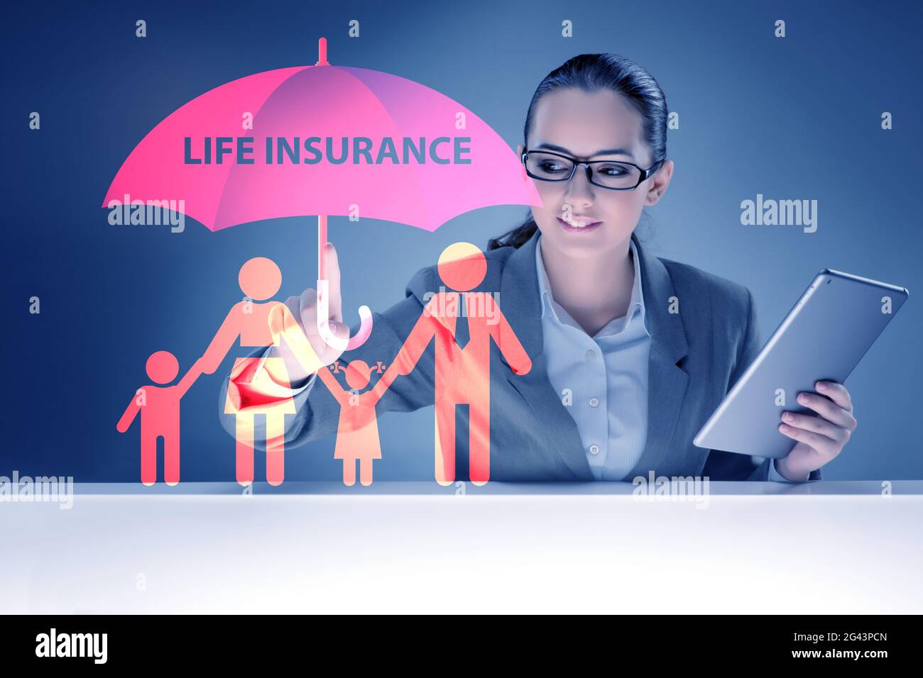 Life insurance concept with businesswoman pressing button Stock Photo ...