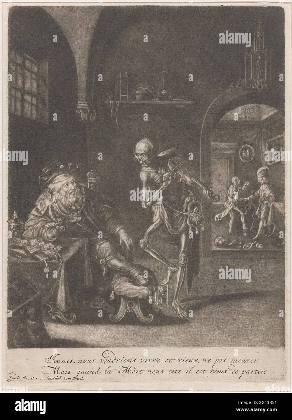 Rich man and death. A rich man sits with crates and bags full of money ...