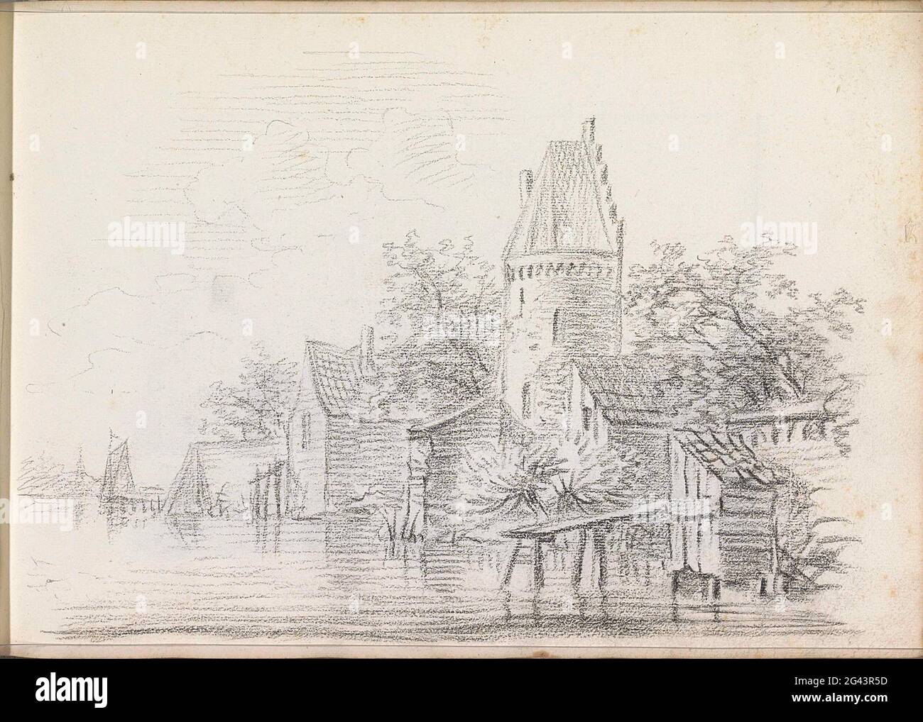 Houses on a waterfront. There are a tower and a jetty between the ...