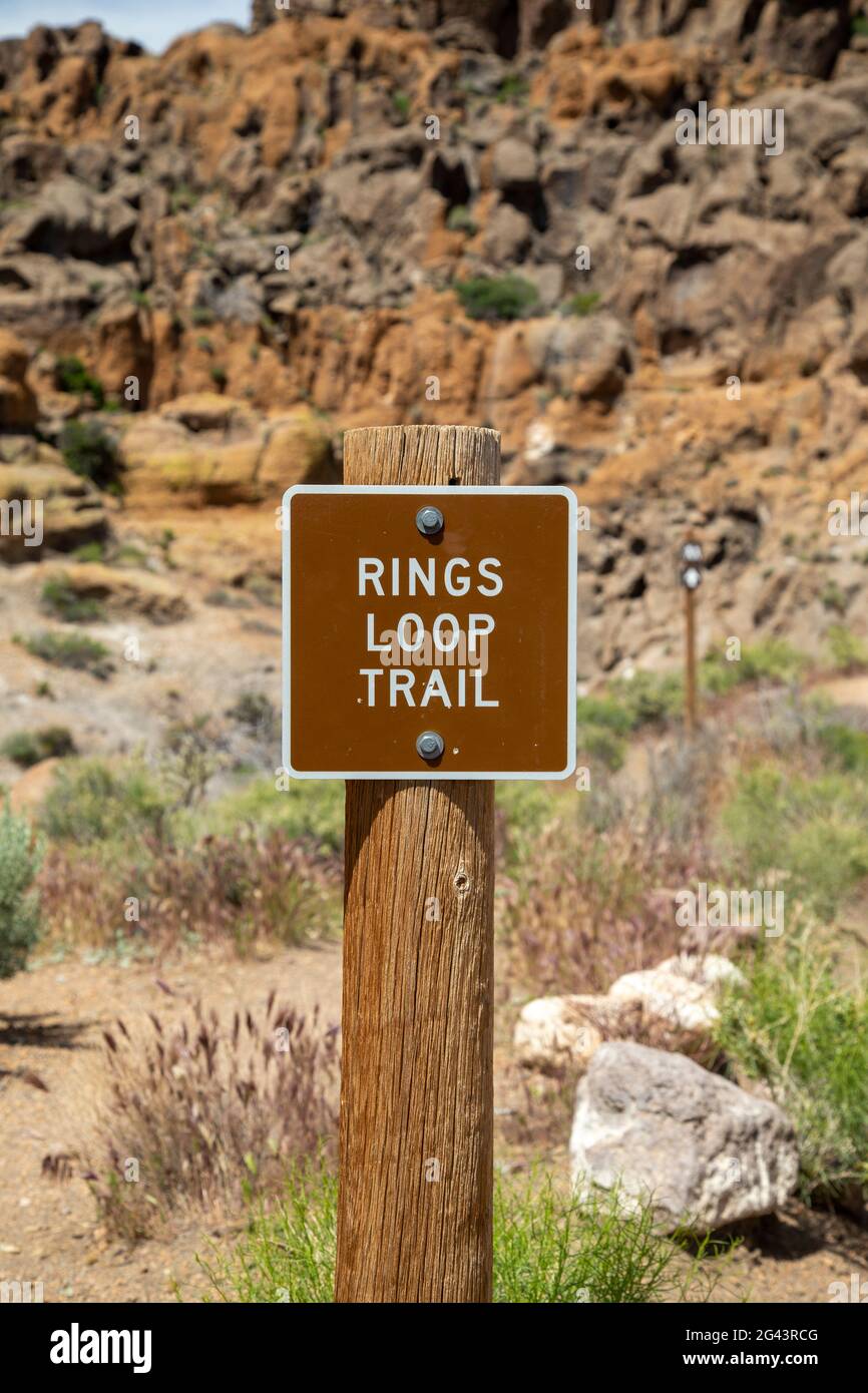 A sign reads, "RINGS LOOP TRAIL" at the Rings Loop Trail in the Mojave ...