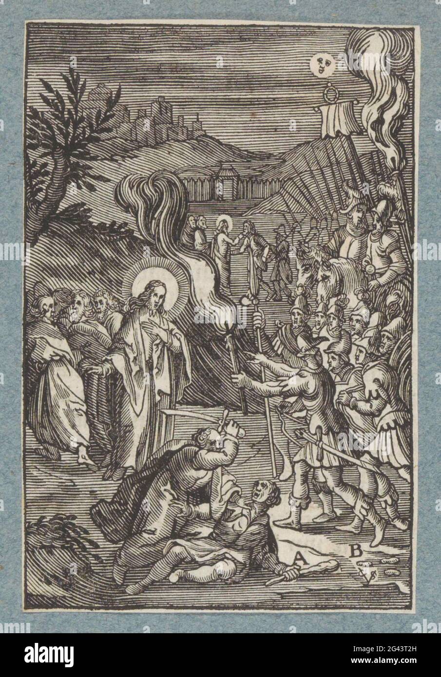 Petrus finishes the ear of Malchus. Soldiers run to Christ to arrest ...