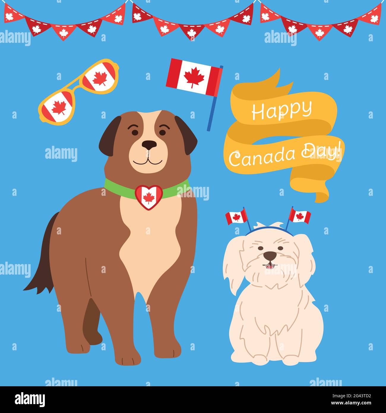 Canada Day cartoon set. Funny patriotic dogs with canadian flag balloon ...