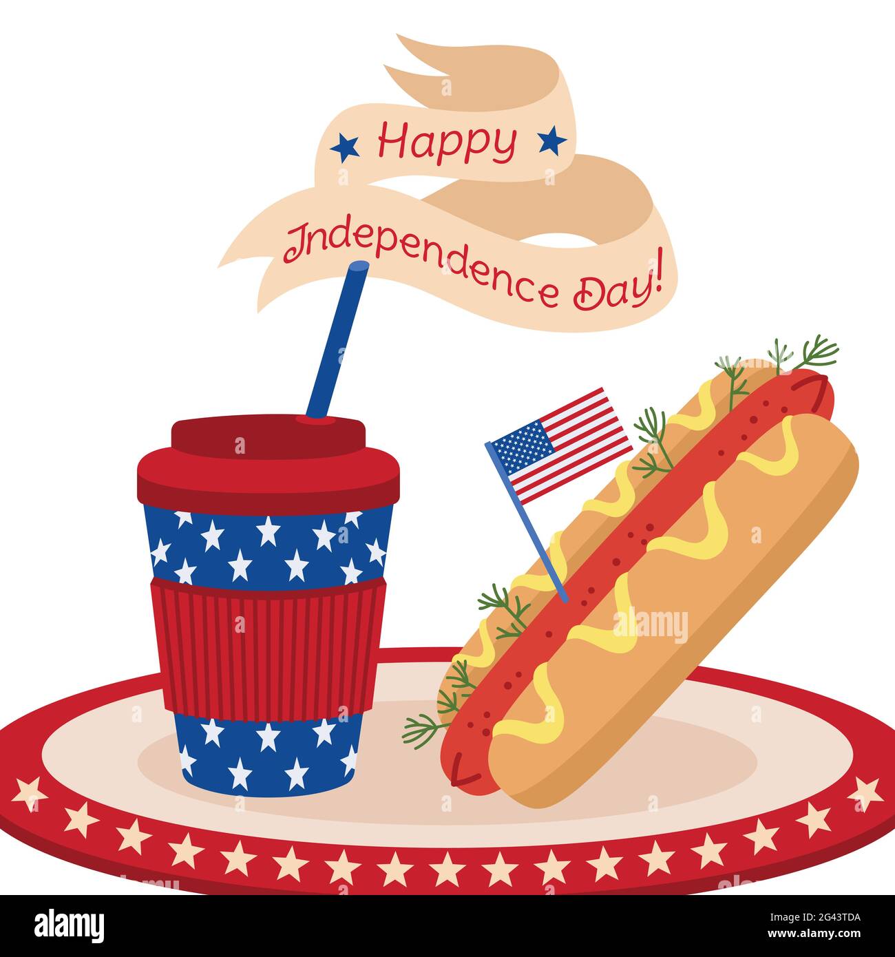Card fast food American Independence Day flag and ribbon. Cup coffee to ...