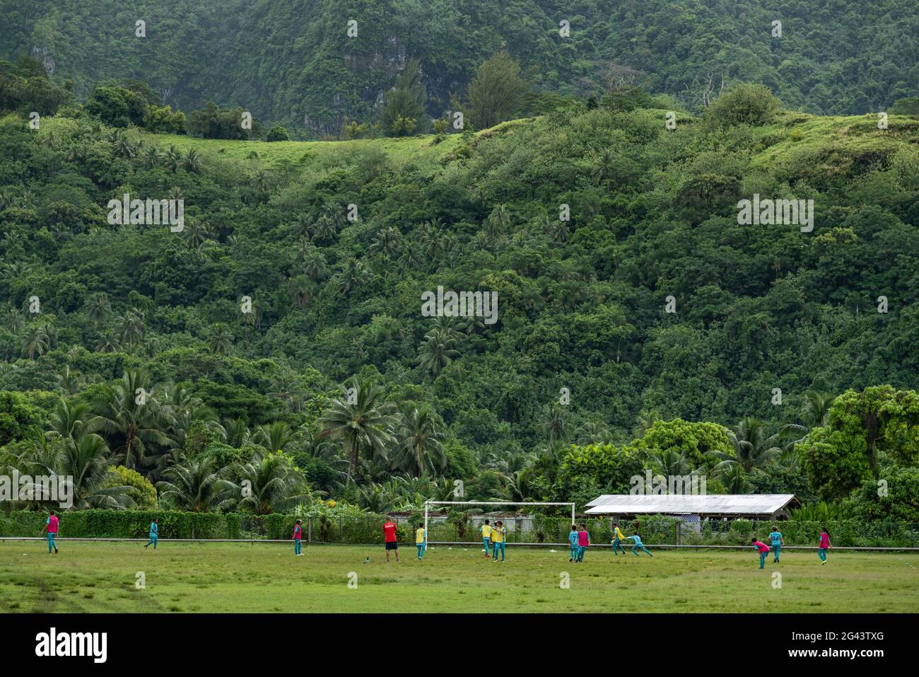 Boys play soccer in Afareaitu, Moorea, Windward Islands, French ...