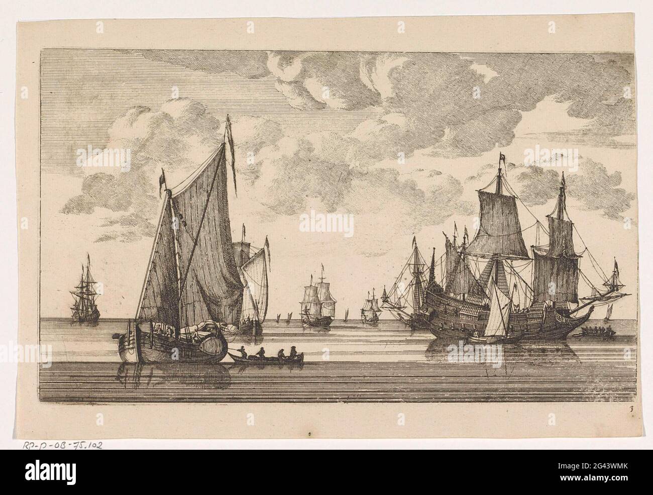 Sailing ships and sloops on calm sea. On the left a sailing ship and ...