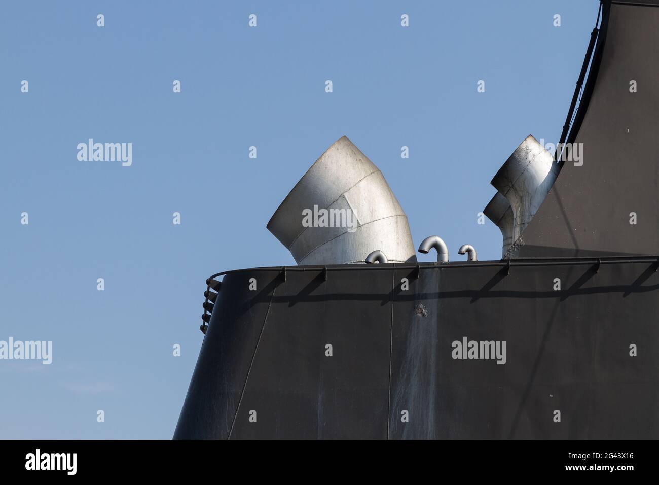Detail of the funnel vents and pipes on a a ship in Yokohama, Kanagawa ...
