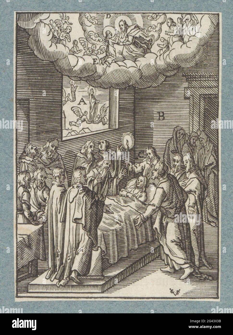 Mary's death. Maria is in bed. The apostles pray around her bed ...