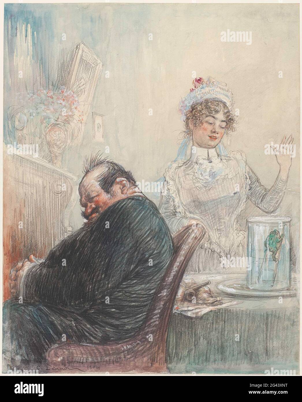 The grayish and the frog. An elderly obese man sitting on foreground on ...