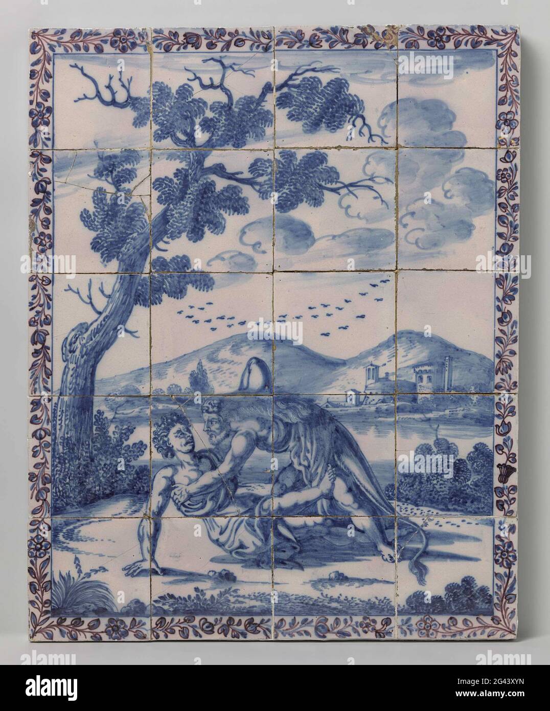 Tile tableau with blue a landscape with mythological performance ...