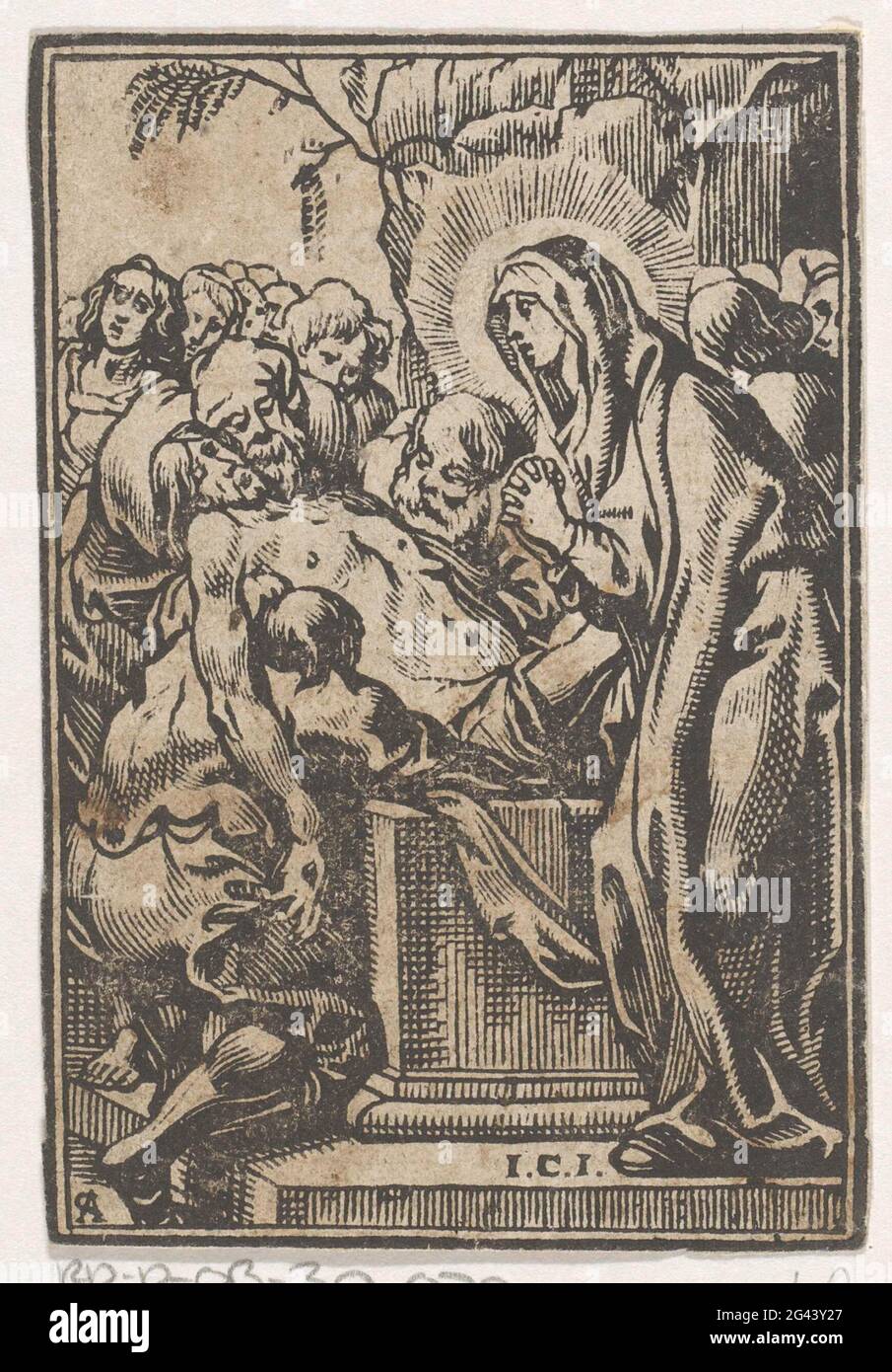 Tranking of Christ. Three men raise the body of Christ to put it in a ...