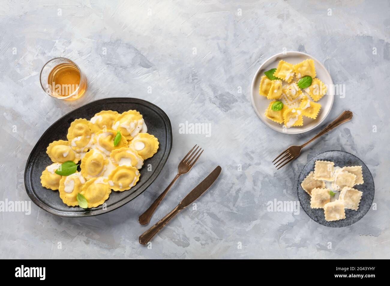 Italian Food banner design. Round and square ravioli, shot from above ...
