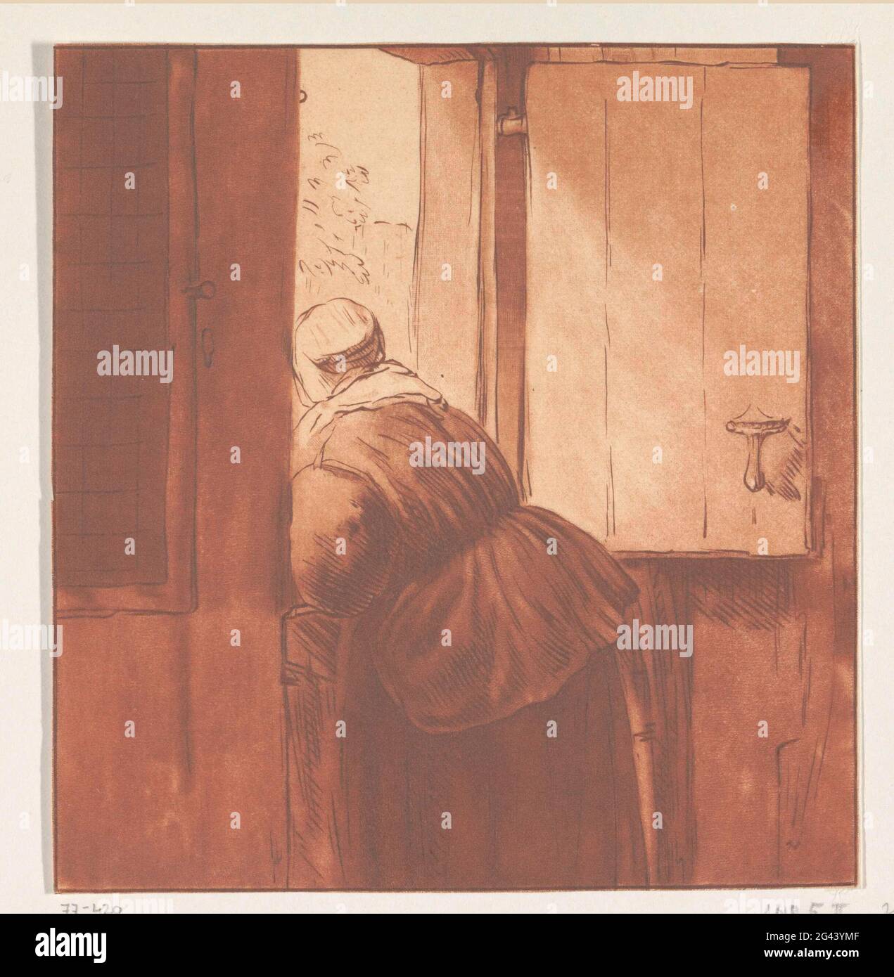 Woman leaning over a bottom door. A woman looks out, leaning over a ...