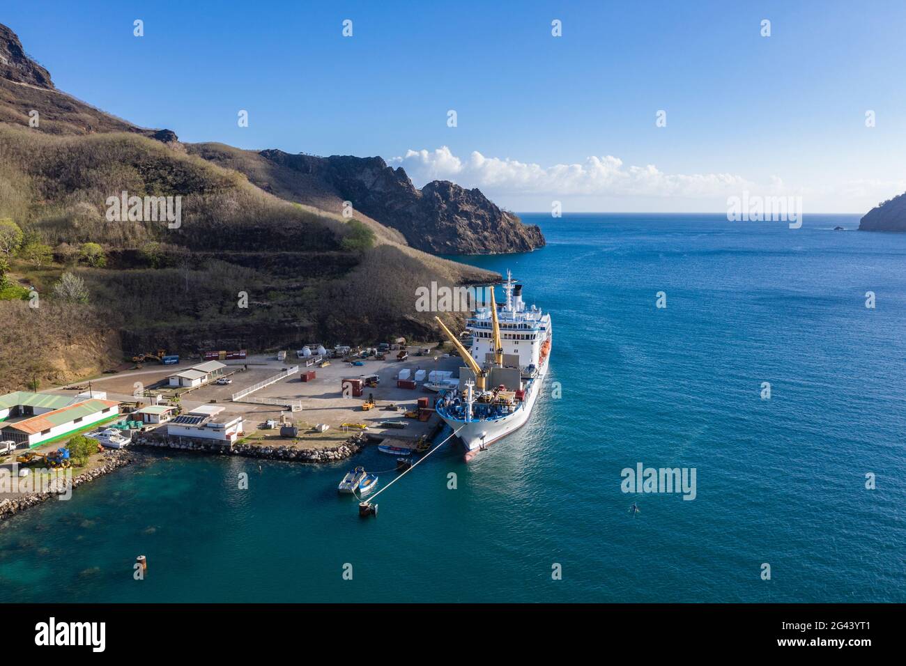 Aerial view of passenger freighter Aranui 5 (Aranui Cruises) at pier ...