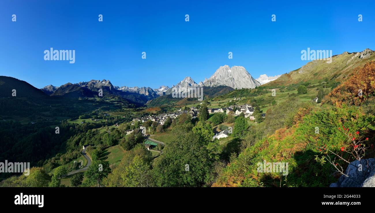 Landscape with mountains and village, Cirque de Lescun, Pyrenees ...