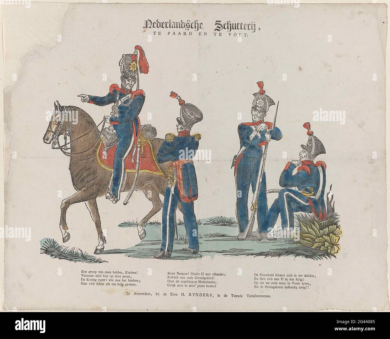 Dutch militia, / on horseback and on foot. Leaf with a large ...
