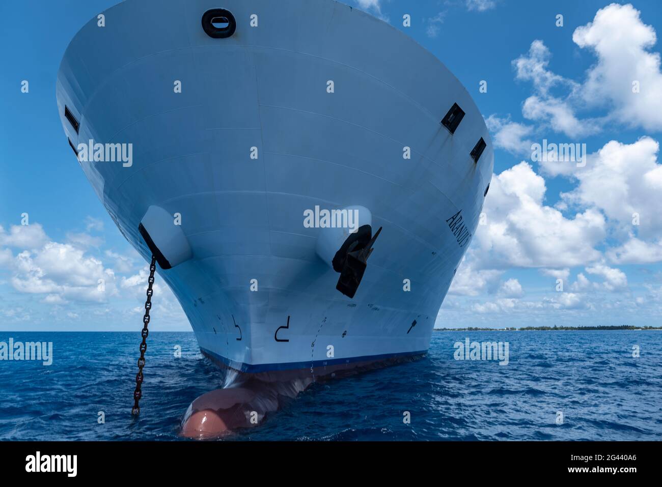 Bow of the passenger cargo ship Aranui 5 (Aranui Cruises) in the ...