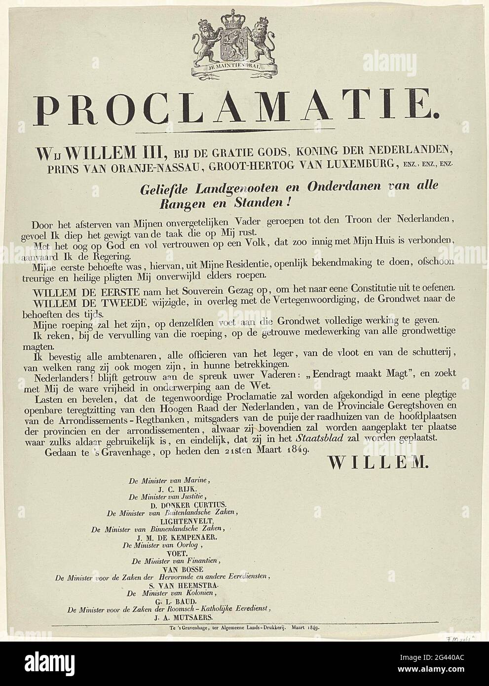 First proclamation issued by King Willem III, 1849. The first ...