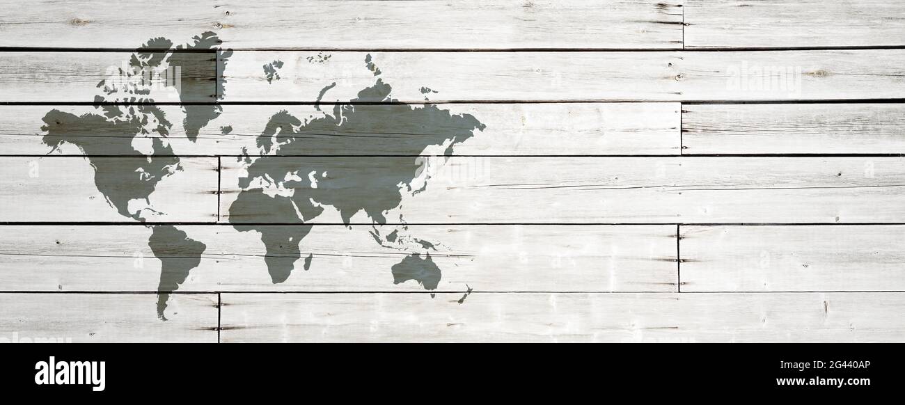 World map on white wooden wall background. Horizontal banner Stock ...