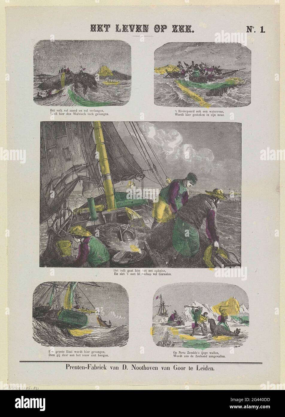 Life at sea. Sheet with 5 performances of hunting whales, sharks and ...