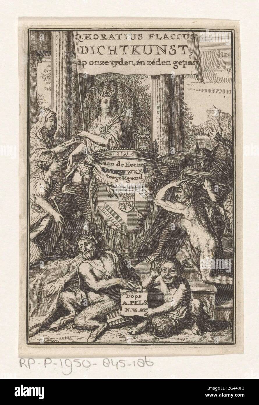 Allegorical performance with poetry, ignorance, envy and muzes; Title ...