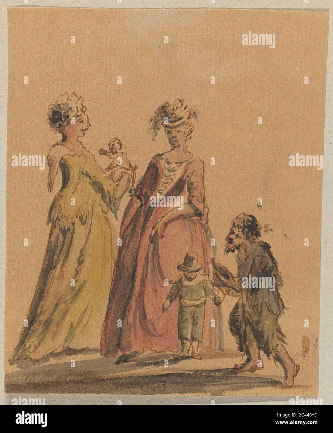 Two richly dressed women, each with a child and a beggar Stock Photo ...
