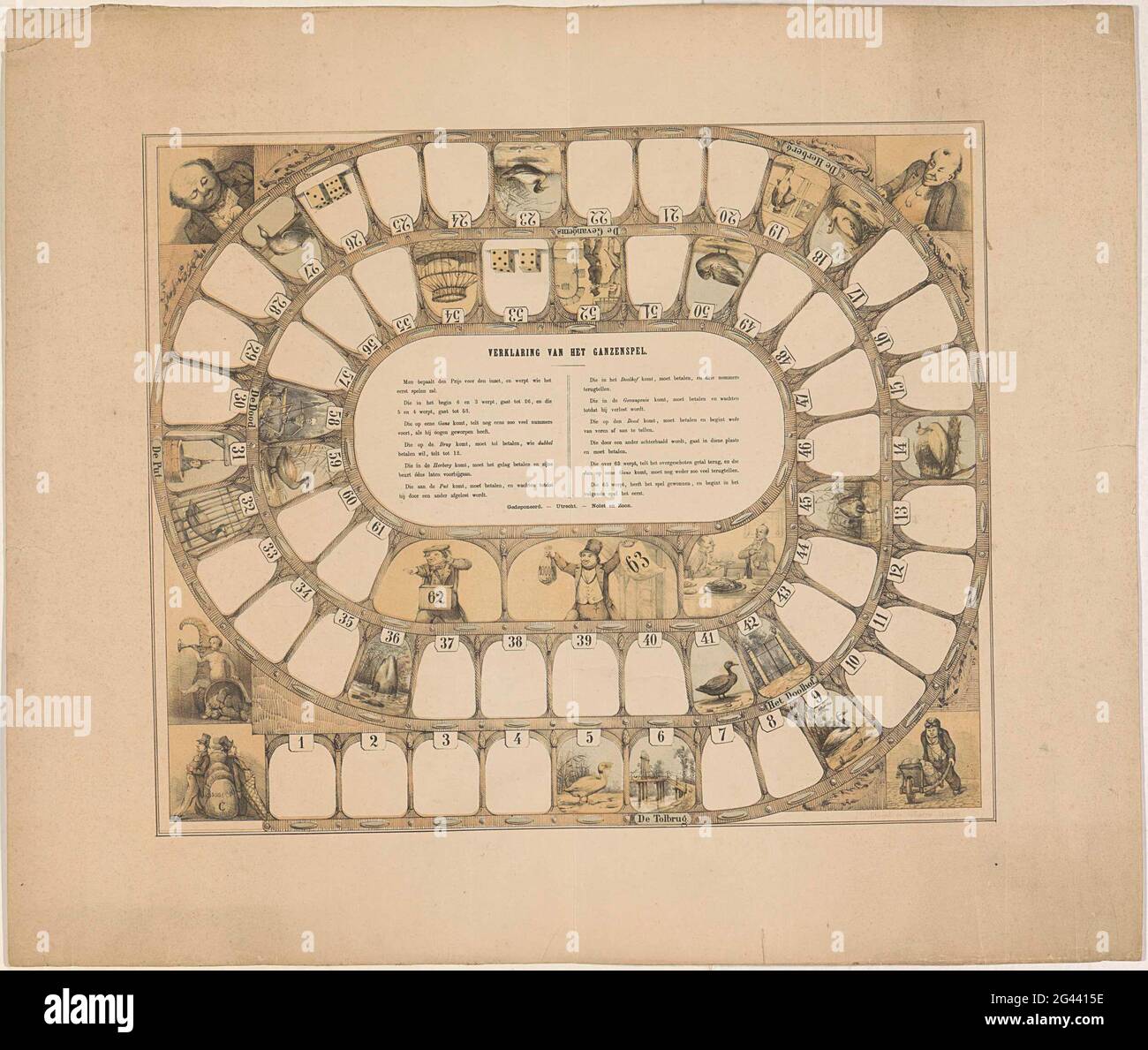 Goose game. Goose board game with boxes in a spiral, numbered from 1 to ...