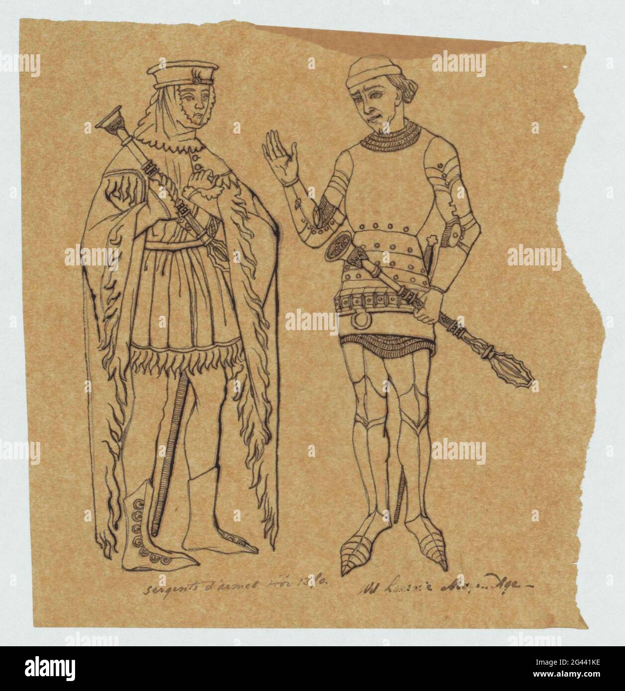 Two medieval soldiers before 1370. The drawing has been transferred ...
