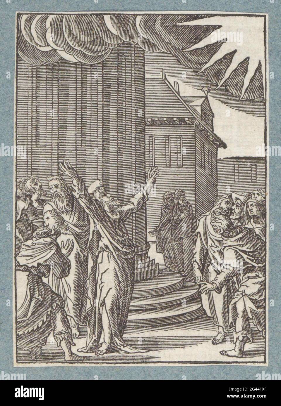 Christ prays to God. Christ outside the temple with a crowd around him ...