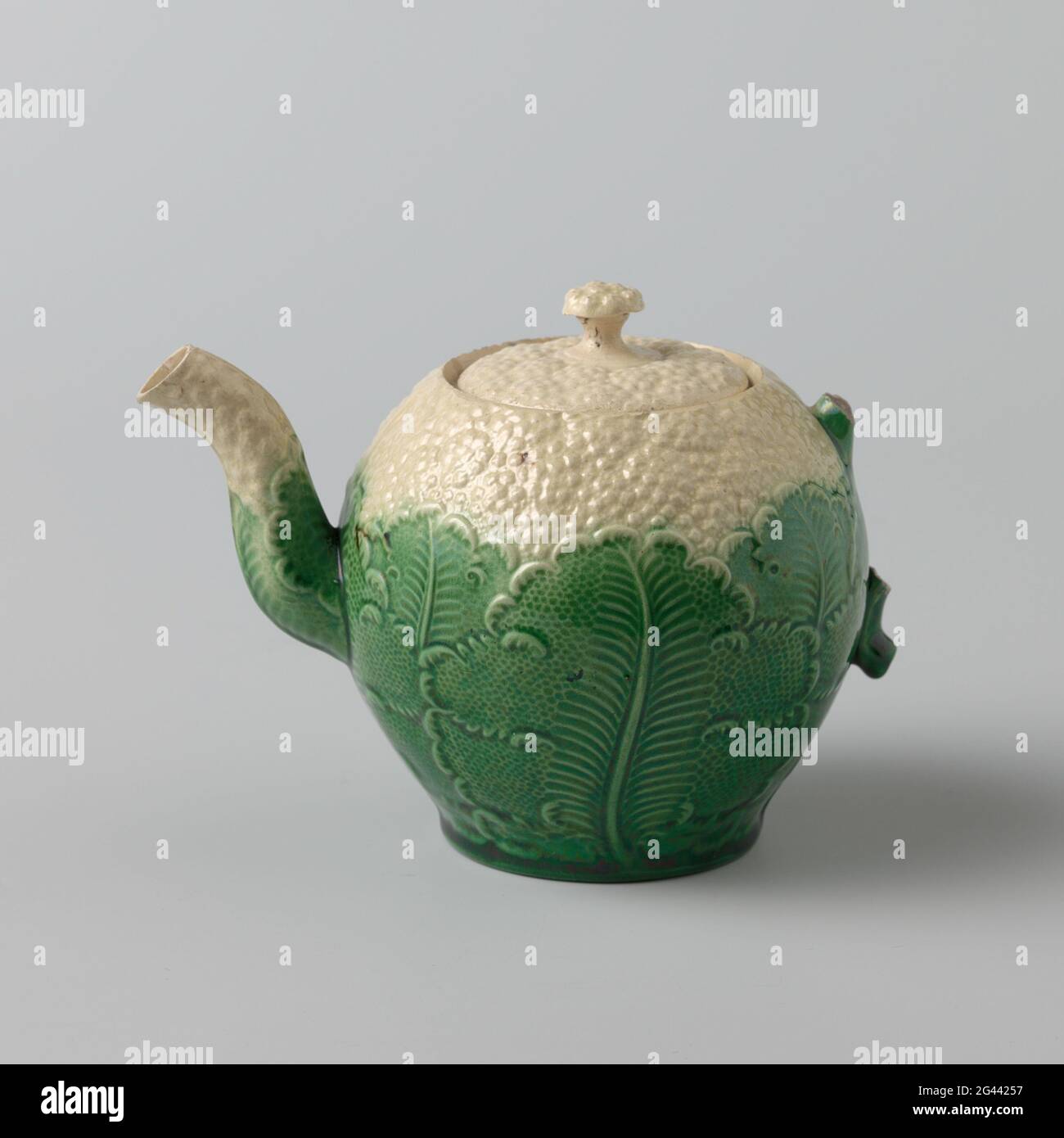 Teapot of hard-baked pottery; Whelft Ware, cauliflower true ...